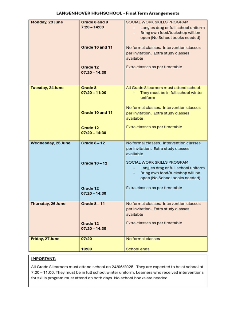 Langenhover High School Final Term Schedule | PDF