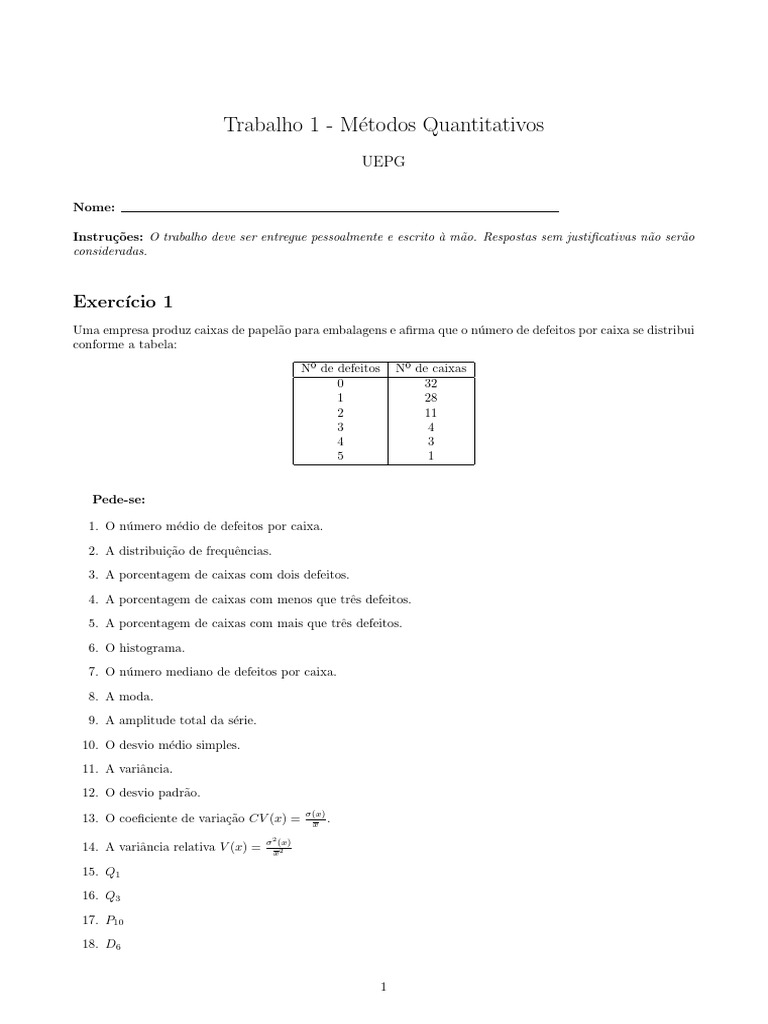 UEPG T1 Metodos Quantitativos | PDF | Modo (Estatística) | Variação