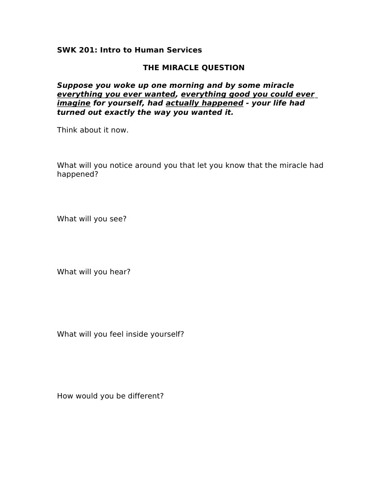 The Miracle Question Worksheet - Solution Focused Brief Therapy | PDF ...