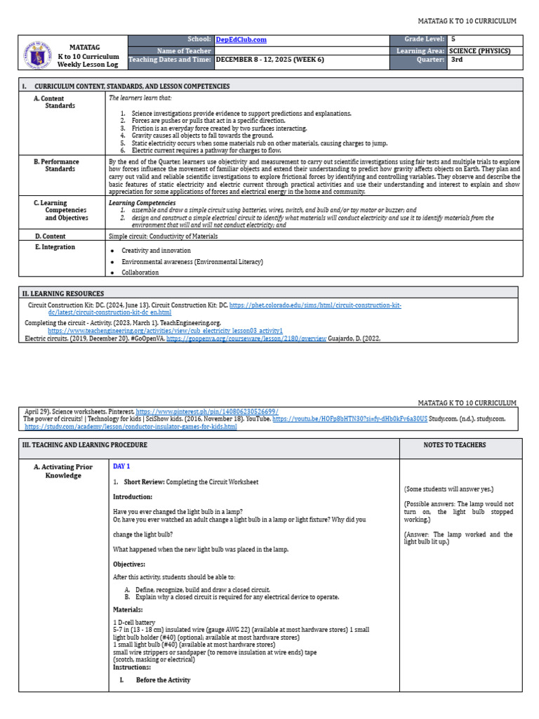 DLL MATATAG _SCIENCE 5 Q3 W6 | PDF | Electrical Conductor | Electricity