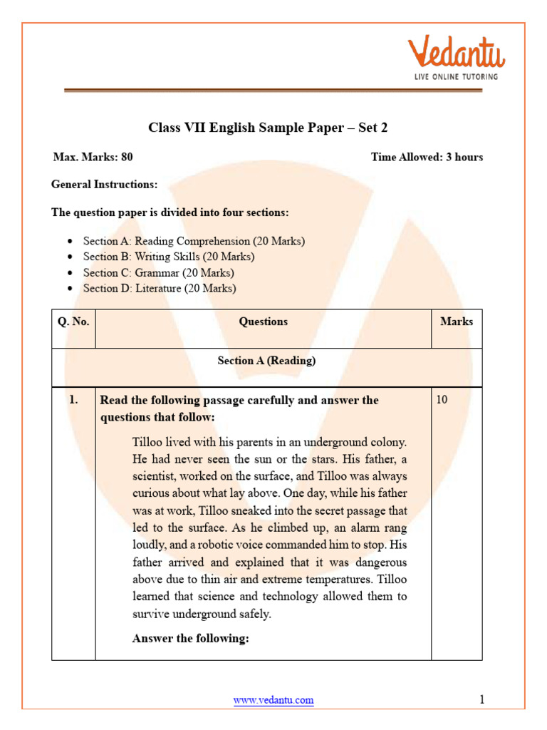 Class VII English Sample Paper Set 2 | PDF