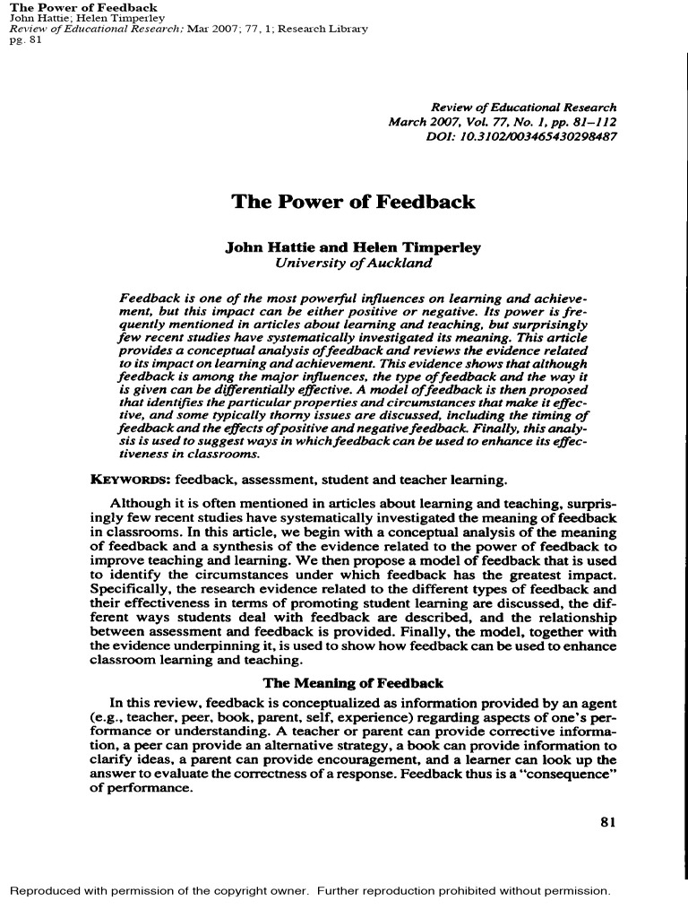 The Impact of Feedback in Education | PDF | Copyright | Intellectual ...