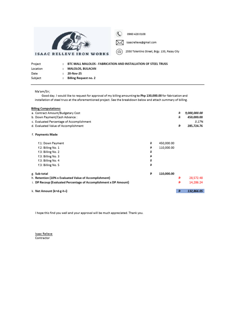 Billing Request for Steel Truss Project | PDF