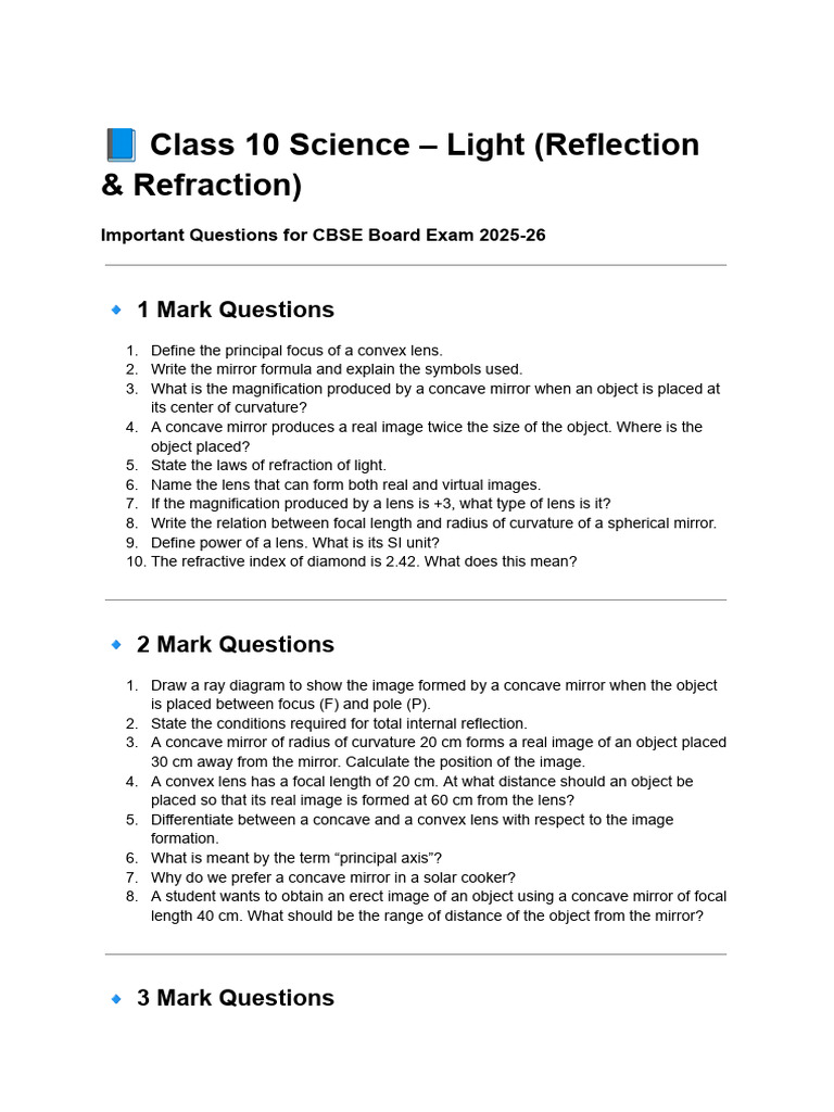 ? Class 10 Science – Light (Reflection & Refraction) | PDF | Glass ...