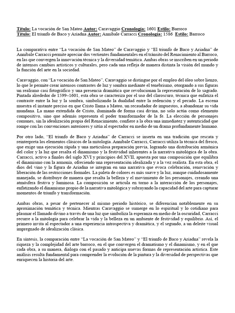 5. La vocación de San Mateo de Caravaggio el Triunfo de Baco y Ariadna de Annibale Carracci ...
