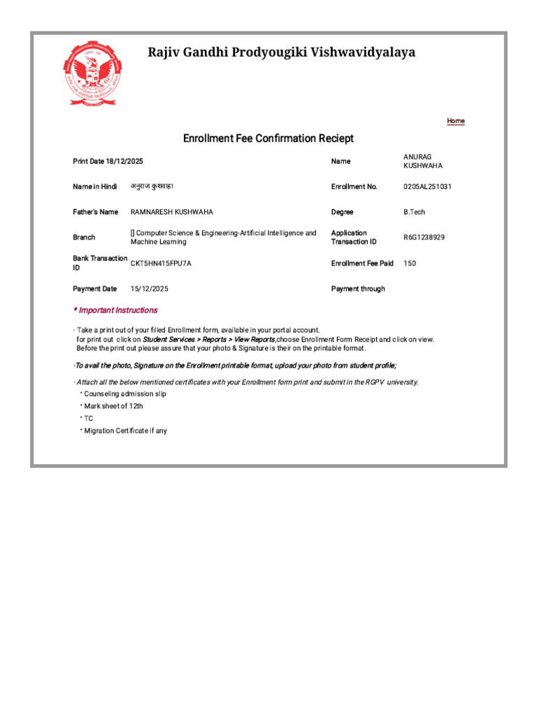RGPV Enrollment Fee Confirmation Receipt | PDF