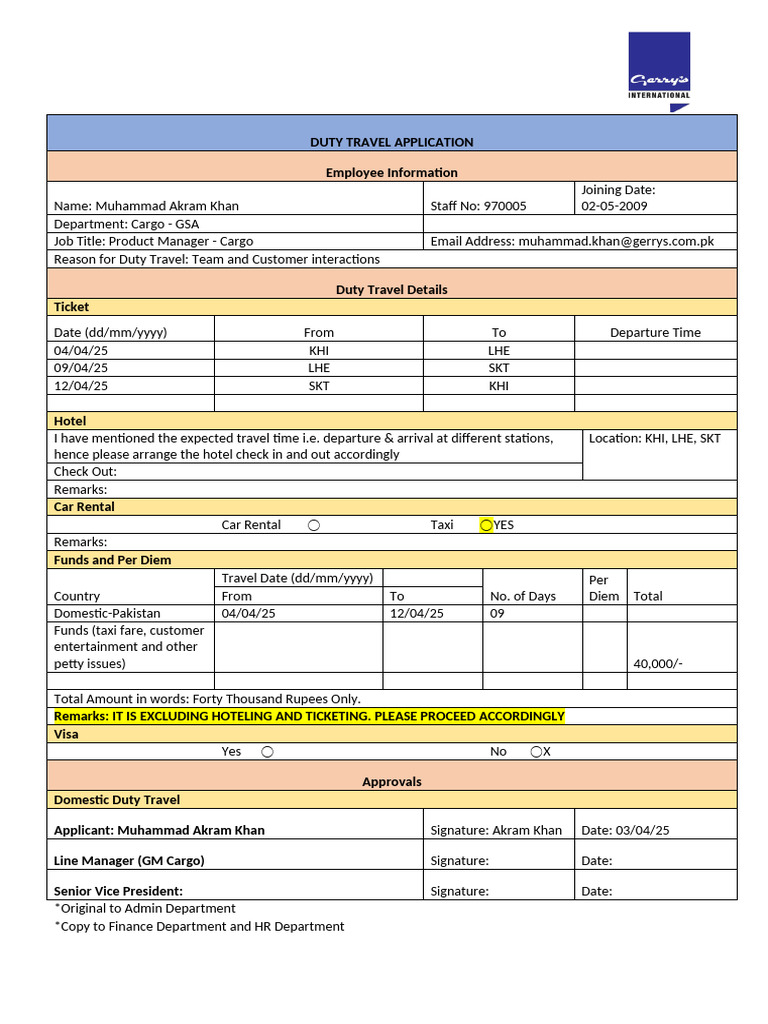 Duty Travel Pre Approval Form PDF | PDF