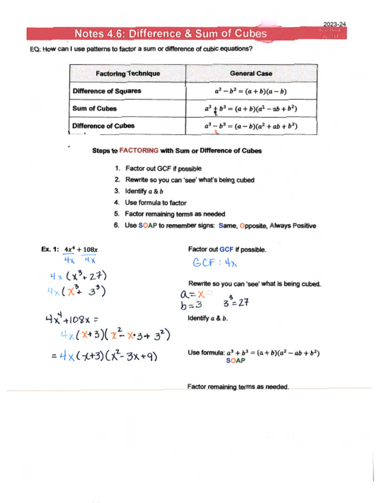 Notes 4.6 Sum & Diff Cubes Key 22-23 | PDF