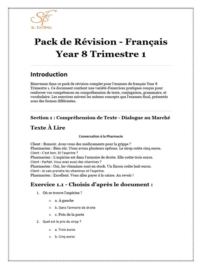 Pack de Révision Français Year 8 T1 | PDF | Nourritures
