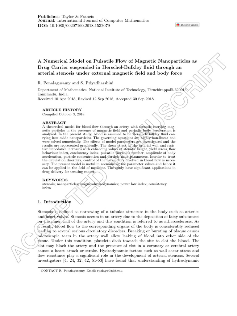 A Numerical Model on Pulsatile Flow of Magnetic Nanoparticles as Drug ...
