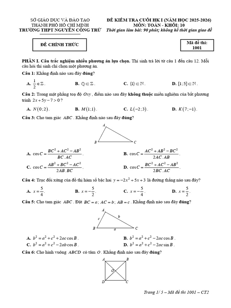 De Cuoi Ky 1 Toan 10 Nam 2025 2026 Truong Thpt Nguyen Cong Tru Tp Hcm | PDF