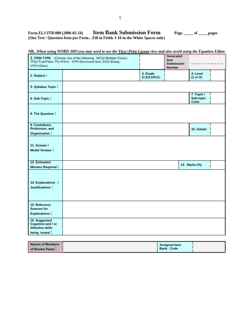 Item Bank Submission Form Template | PDF | Affect (Psychology) | Chess ...