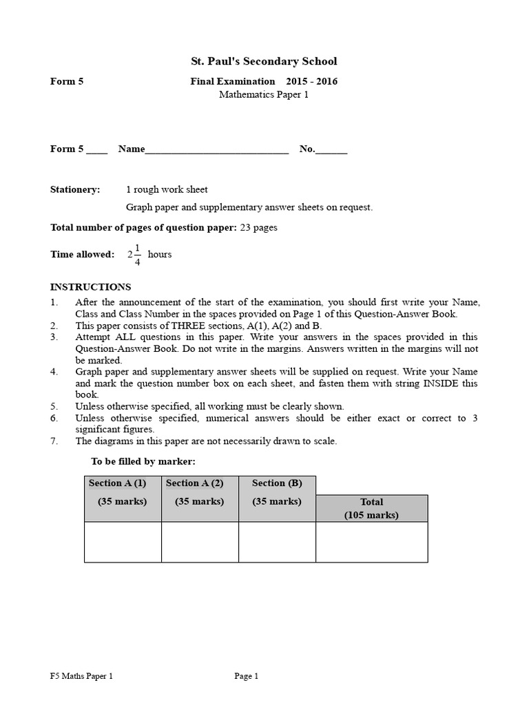 St. Paul's Secondary School Final Examination 2015 - 2016 Mathematics ...