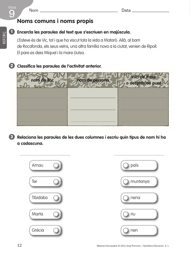 Noms Comuns i Noms Propis Reforç | PDF