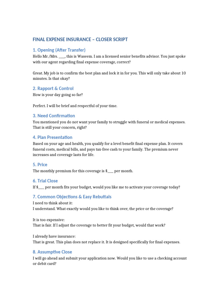 Final Expense Insurance Closer Script | PDF