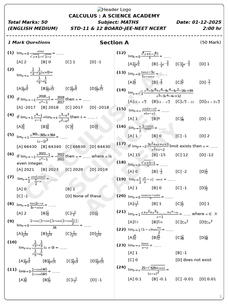 Std 11 Eng Med Maths Chap 12 MCQs Work Sheet 01.12.25 Solution | PDF | Arts Awards | Grammy Awards