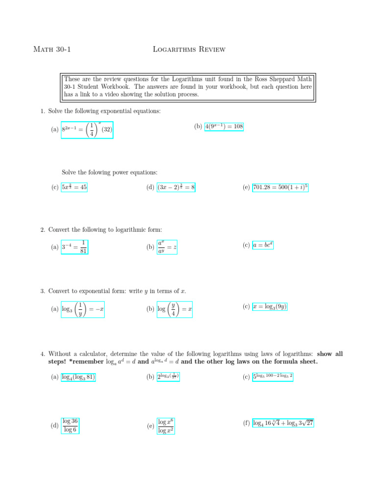Logarithms Review for Math 30-1 | PDF | Logarithm | Exponential Function