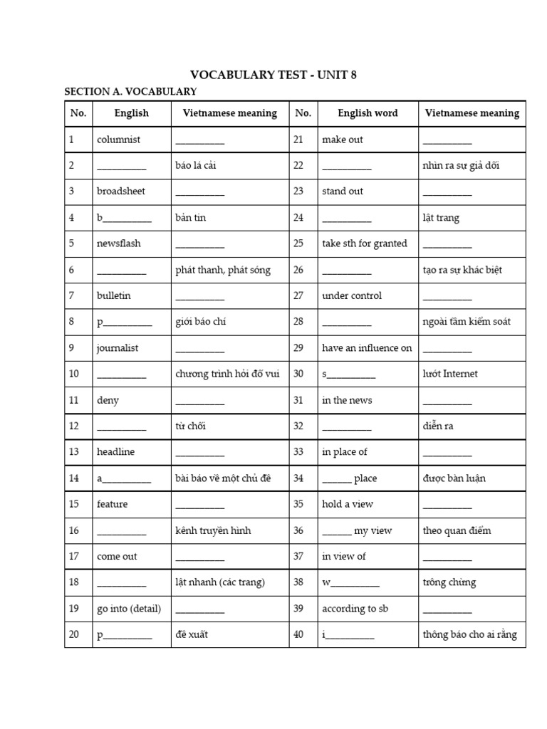 Vocabulary Test - Unit 8 | PDF | Linguistics | Syntax