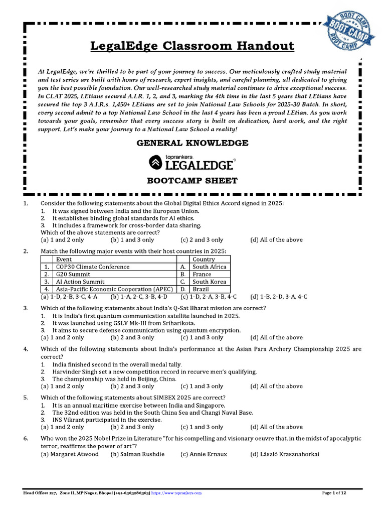 AILET Bootcamp Sheet - General Knowledge - Questions - Curves | PDF