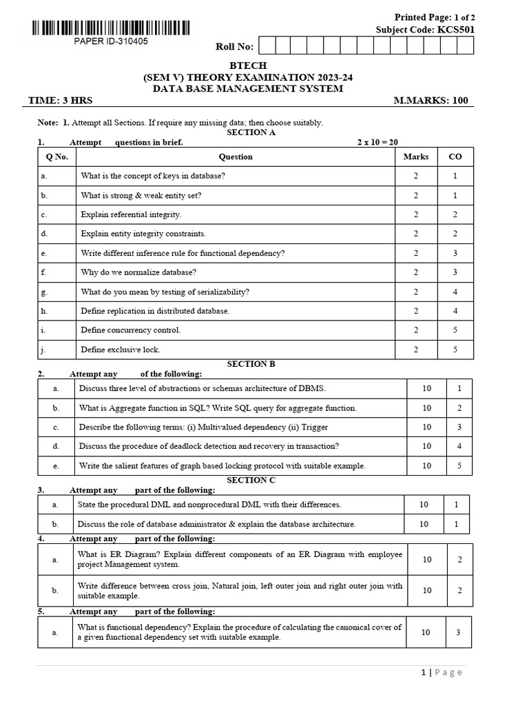 DBMS 2023-24 PAPER-1 | PDF | Databases | Data Management Software