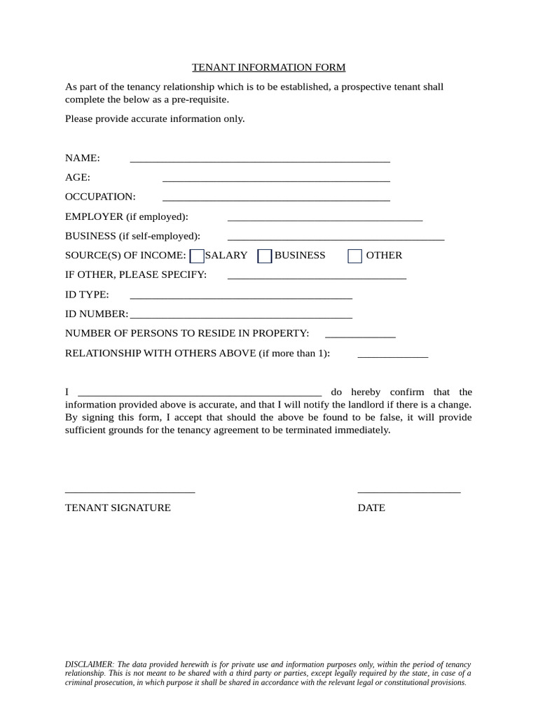 Tenant Information Form Template | PDF
