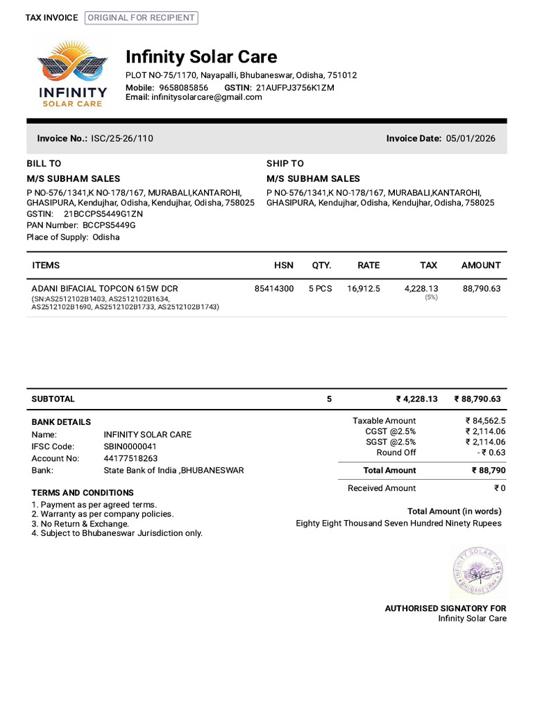 M S Subham Sales Invoice Isc 25-26-110 | PDF | Public Finance | Payments