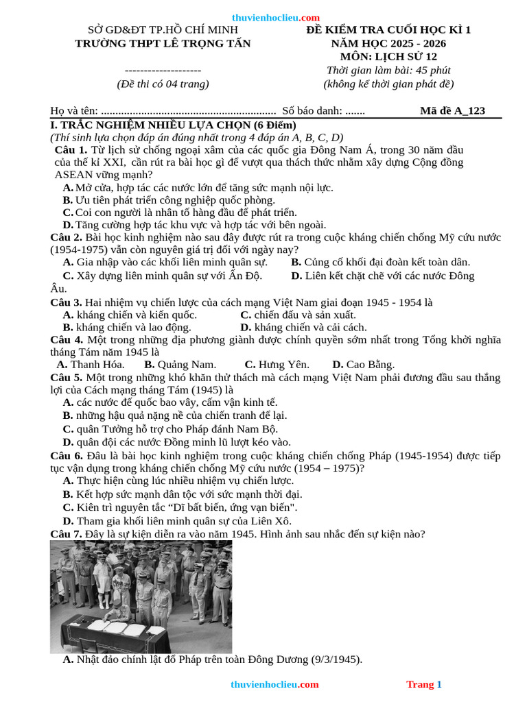 Thuvienhoclieu.com de Kiem Tra HK1 Lich Su 12 THPT Le Trong Tan TP HCM ...