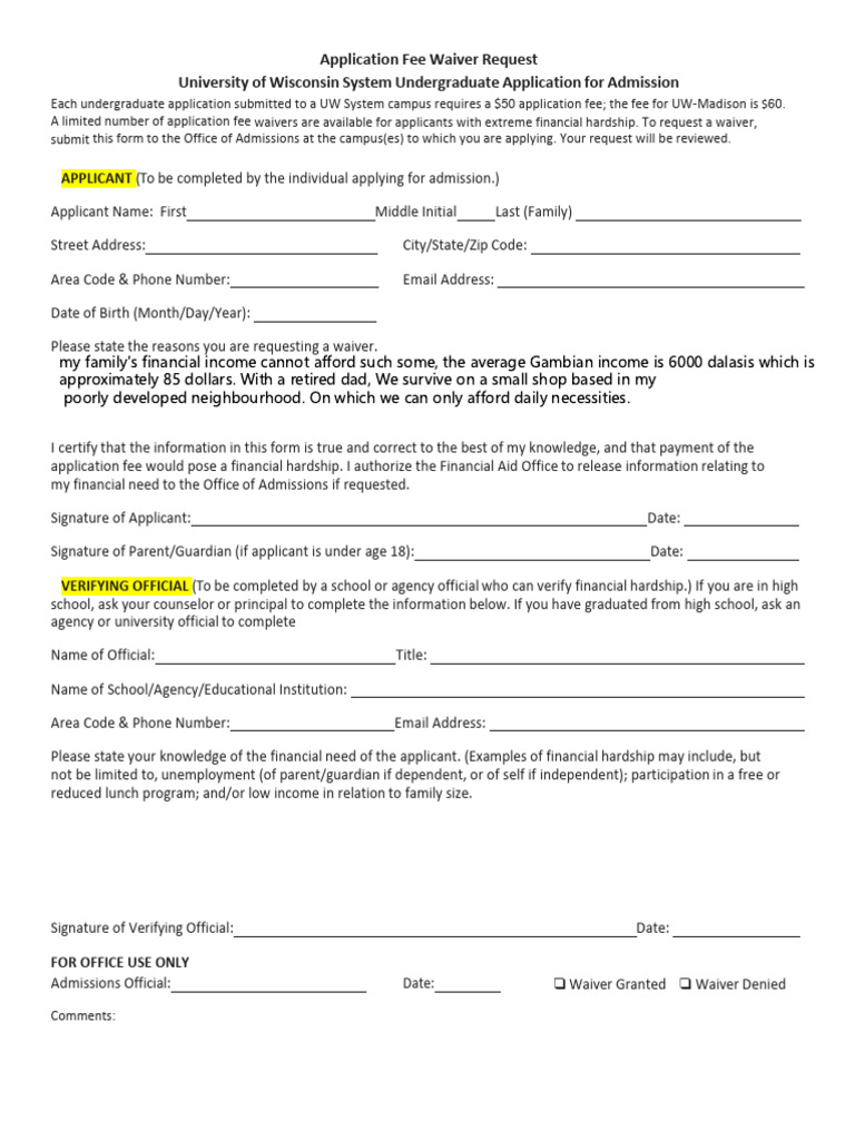 Application Fee Waiver | PDF | Wisconsin | University Of Wisconsin–Madison