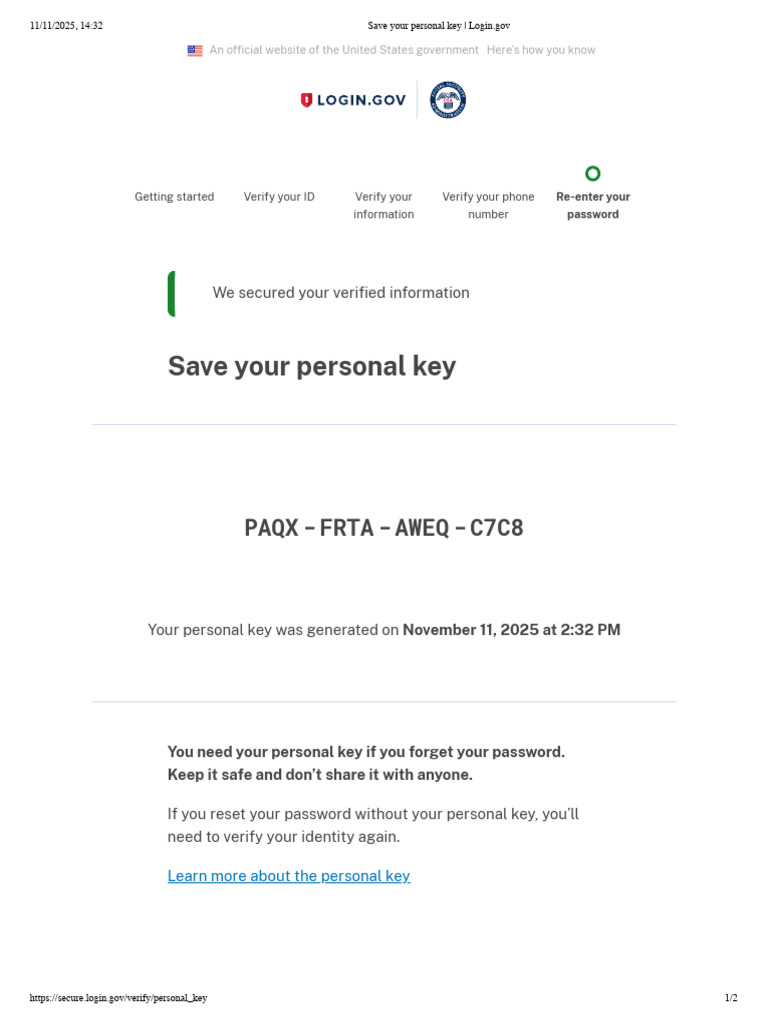 Save Your Personal Key for Login.gov | PDF