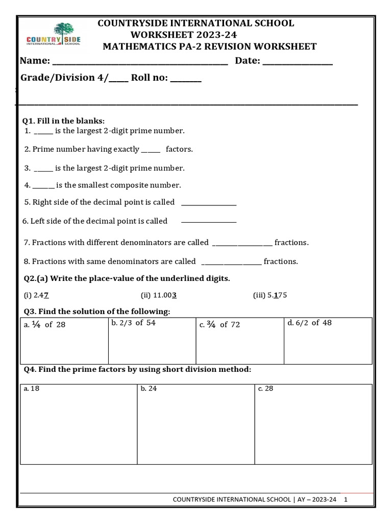 Grade 4 Math Revision Worksheet 2023-24 | PDF