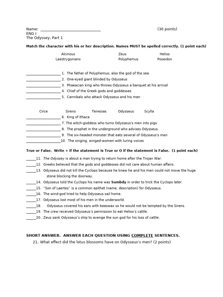 The Odyssey Character Matching Quiz | PDF | Odysseus | Odyssey