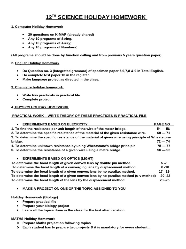 12TH SCI Holiday Homework | PDF | Determinant | Integral