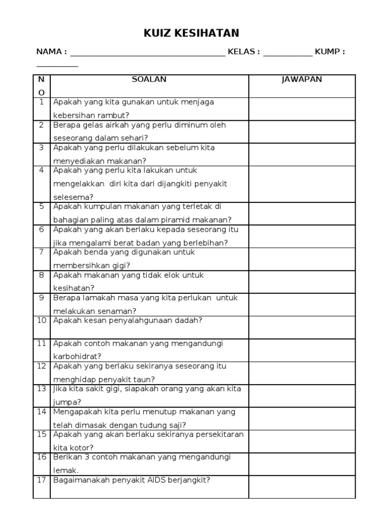 Soalan Kuiz Kesihatan | PDF