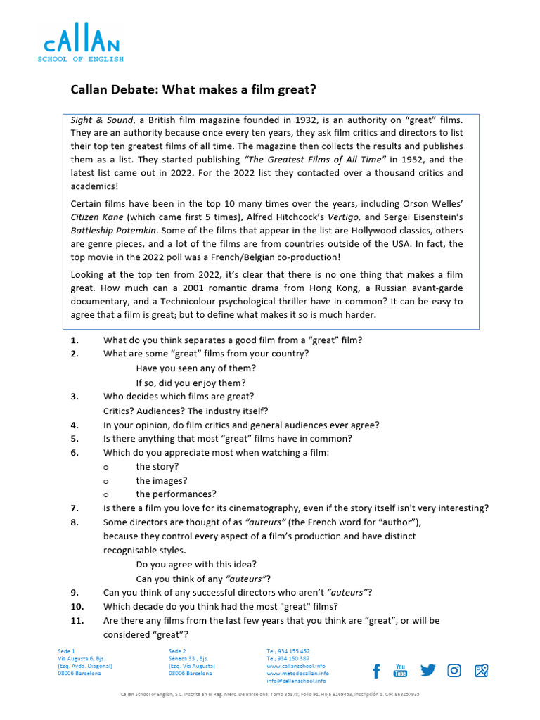 Callan Debate What Makes a Film Great-Callan School of English ...
