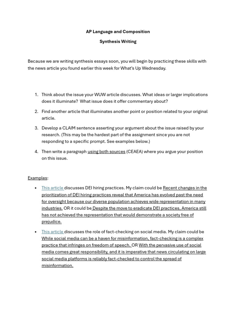 AP Lang Synthesis Essay Practice | PDF