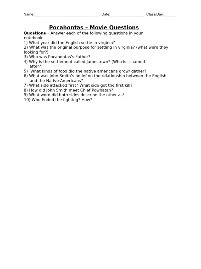 Pocahontas – Movie Questions | PDF
