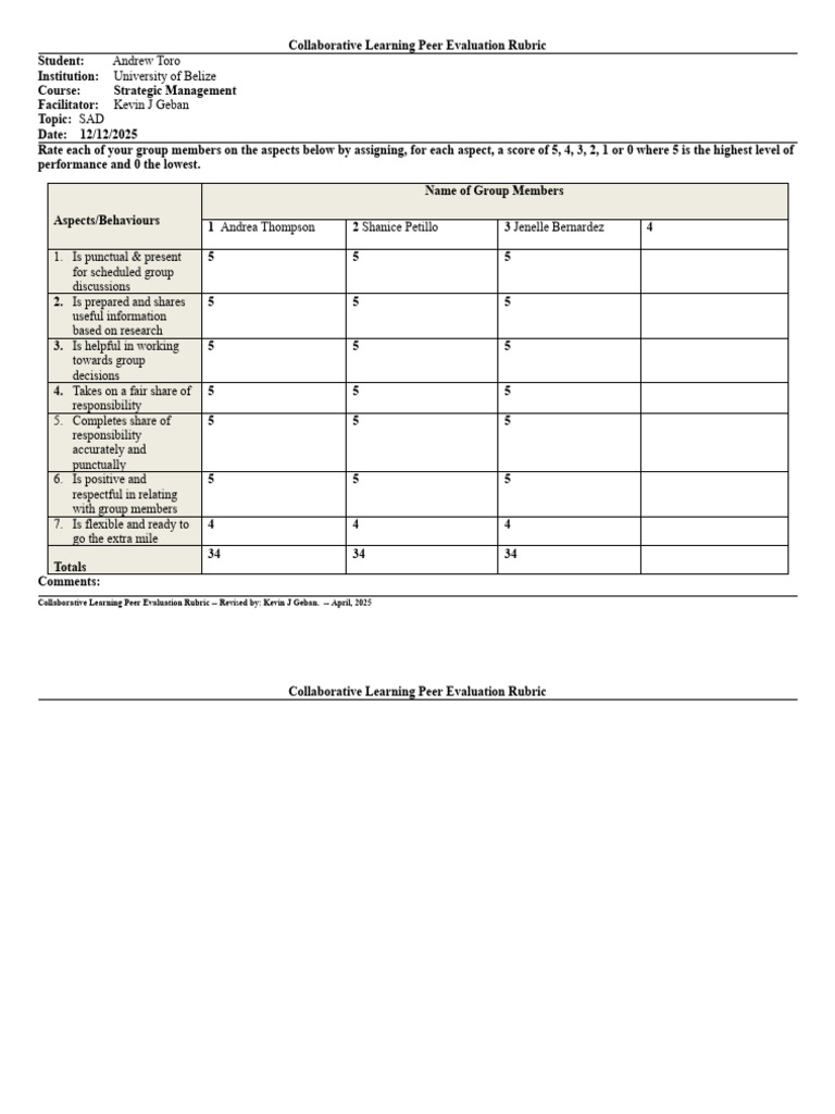 Collaborative Learning Peer Evaluation Rubric | PDF