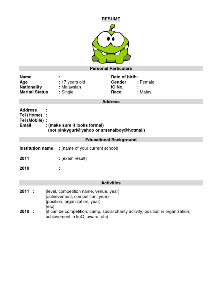 Resume For Spm Leavers - Riset