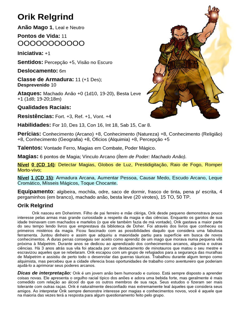 1º Nível - Mago Anão - Orik Relgrind.doc | PDF