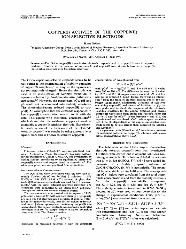 Copper (I) Activity of The Copper (II) Ion-Selective Electrode | PDF ...