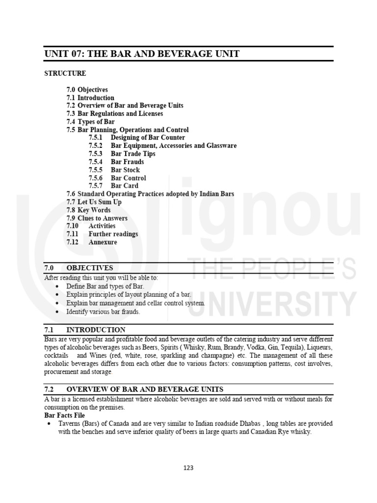 Bar and Beverage Unit | PDF | Bar (Establishment) | Alcoholic Beverages