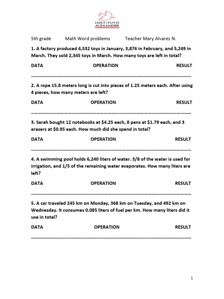 math word problems 1st Trimester 5th grade TEACHER MARY (Autoguardado ...