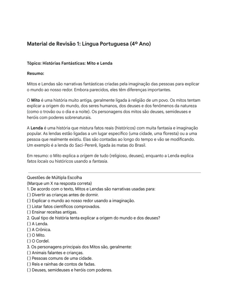 [4 ano] Língua Portuguesa - Quarto Bimestre 2025 | PDF | Mitologia grega | Lendas
