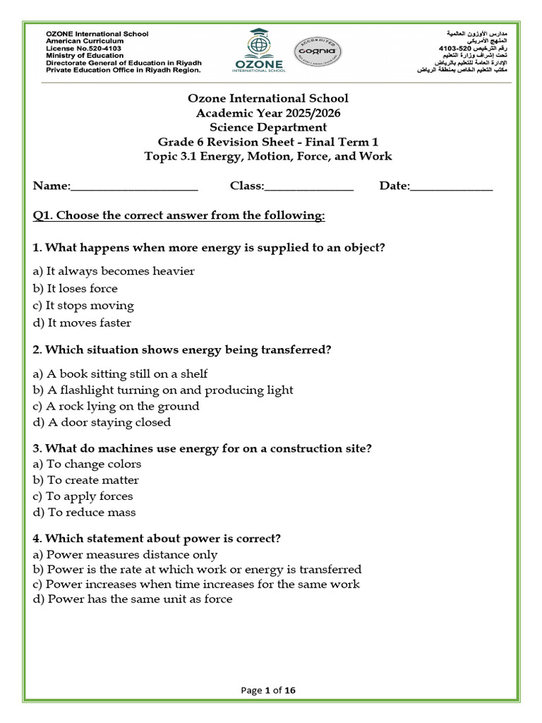 Grade 6 Science Revision: Energy Concepts | PDF