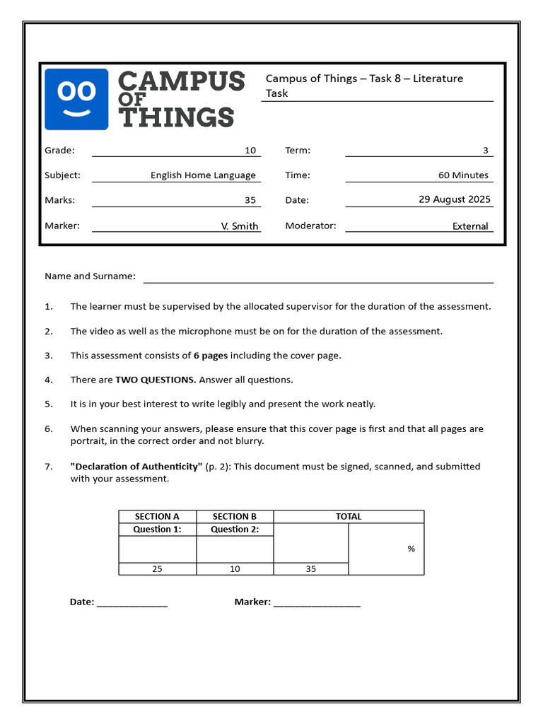 English Home Language Grade 10 Term 3 2025 Task 8 | PDF