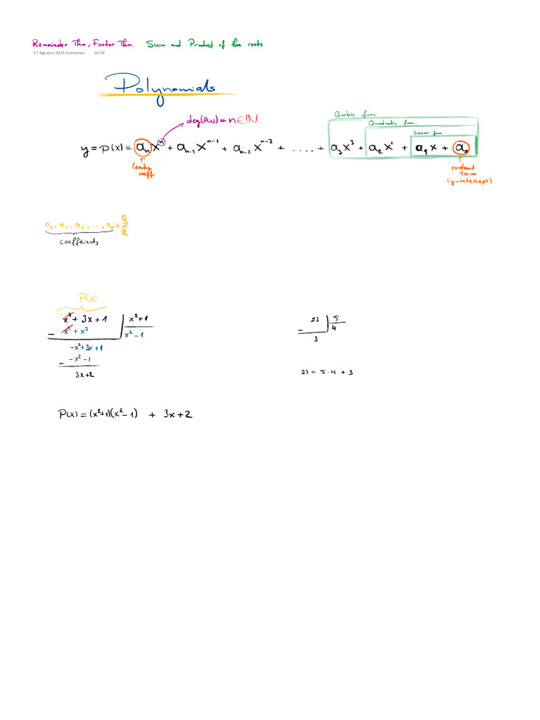 Remainder THM, Factor THM, Sum and Product of The Roots | PDF