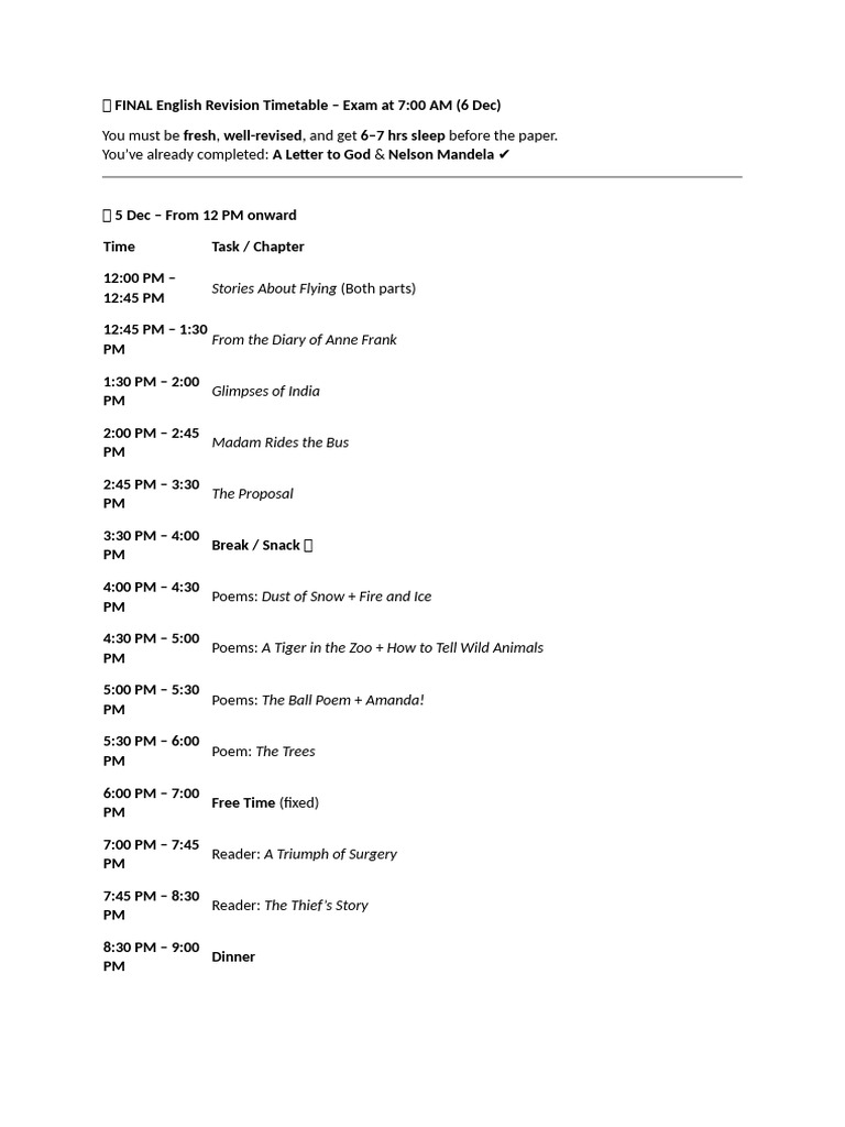 Final Revision Timetable for Exam | PDF