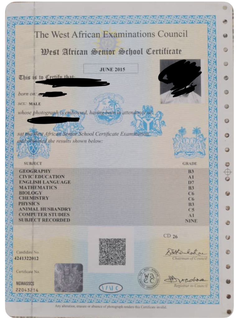 How A WAEC Certificate Looks Like | PDF