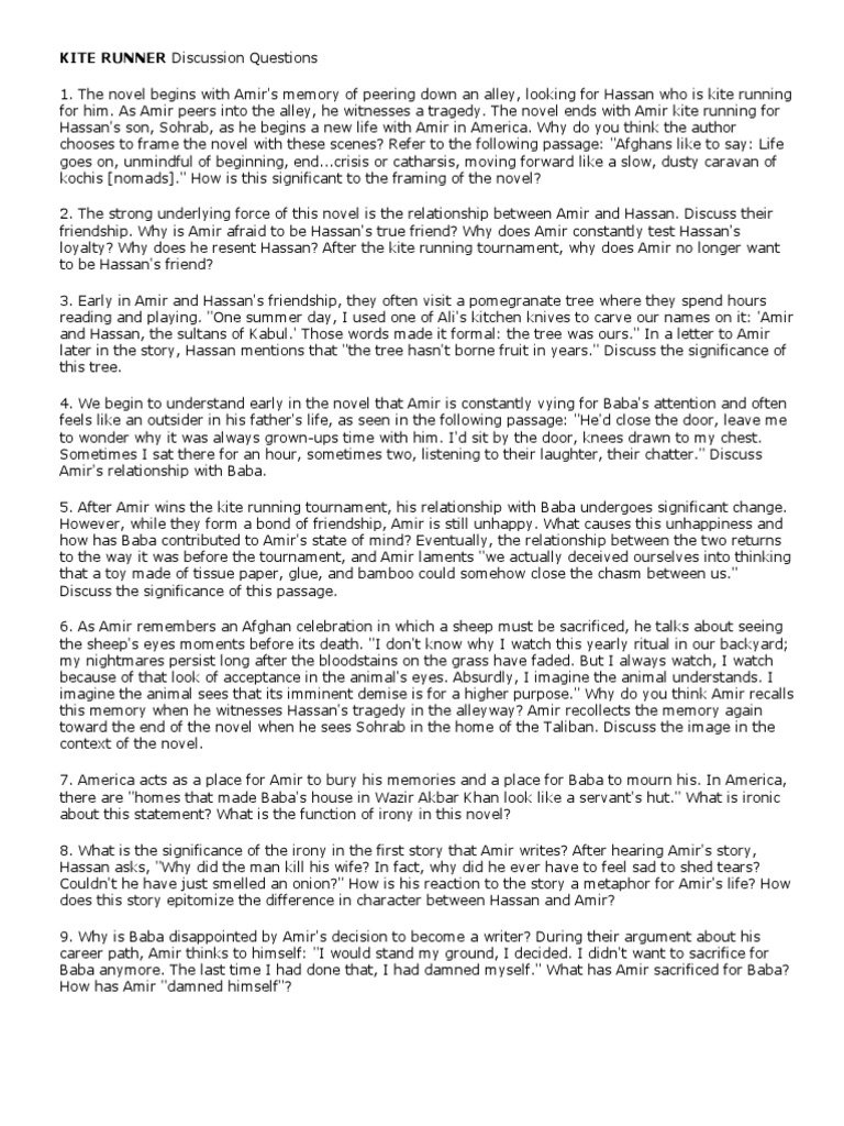 Kite Runner Discussion Questions | PDF