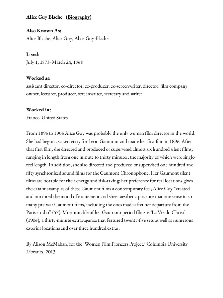 Alice Guy Blache: Film Pioneer Biography | PDF